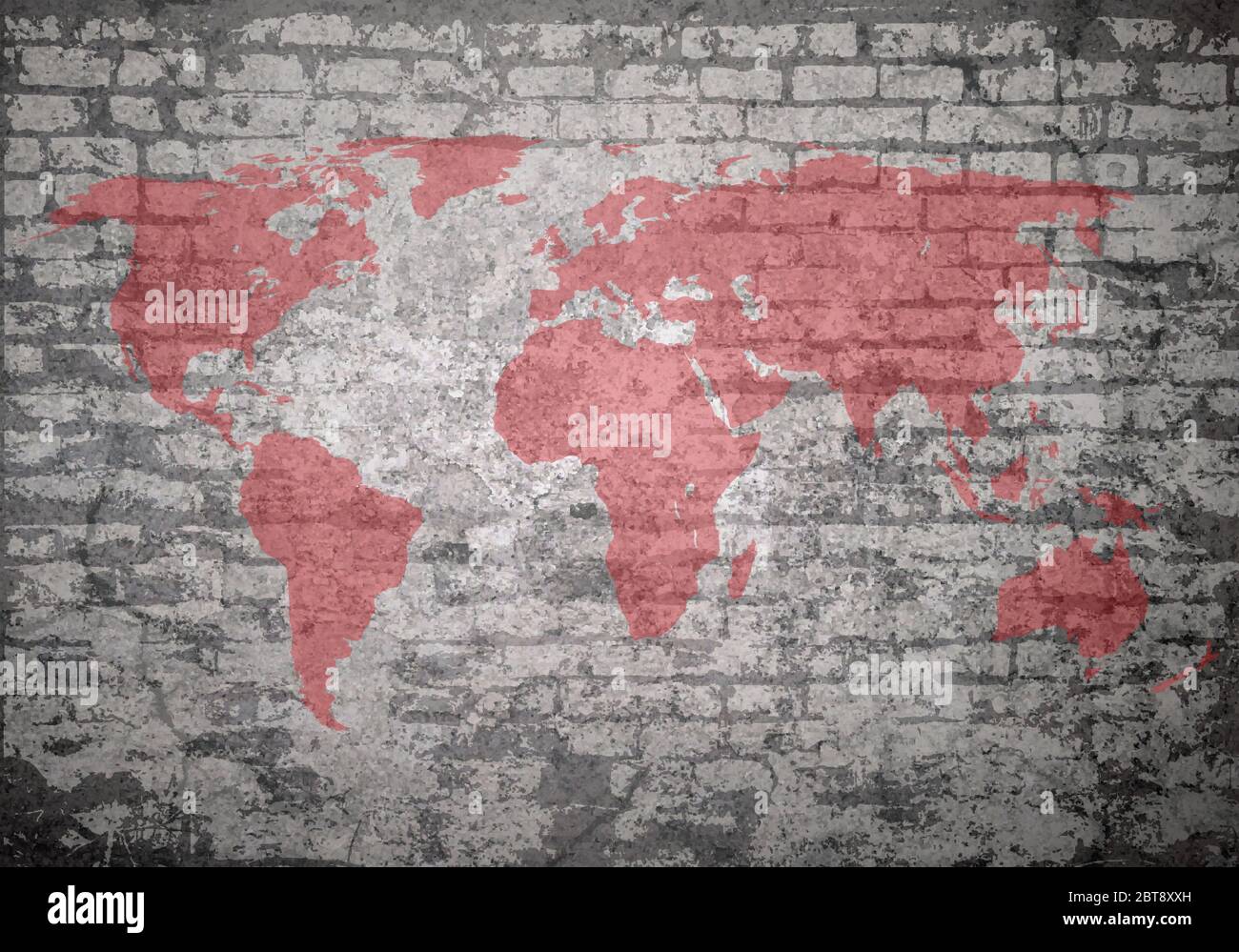 Grunge decayed faded brick wall background with red world map Stock ...