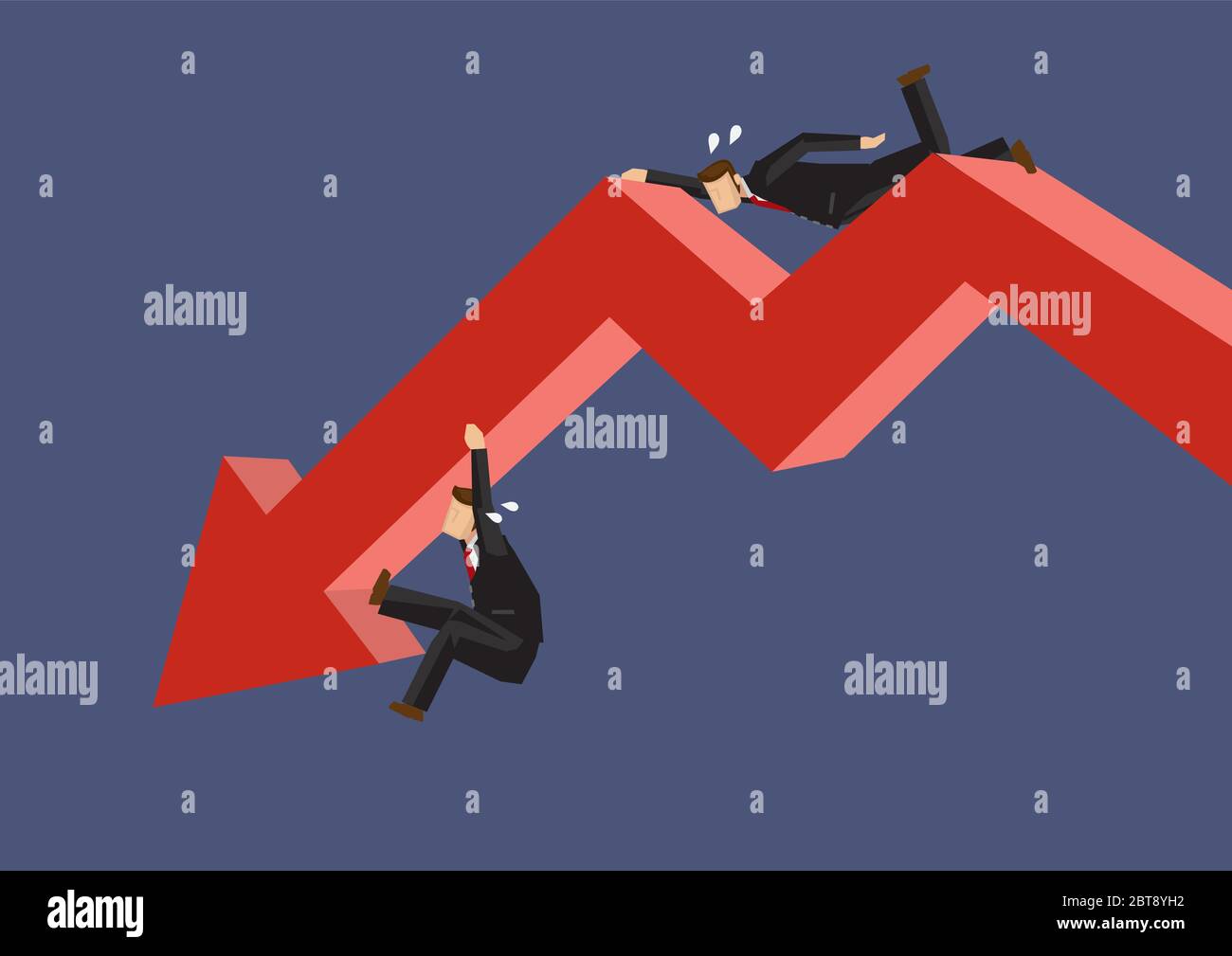 Two cartoon businessmen struggling to hang on a red bold arrow ...
