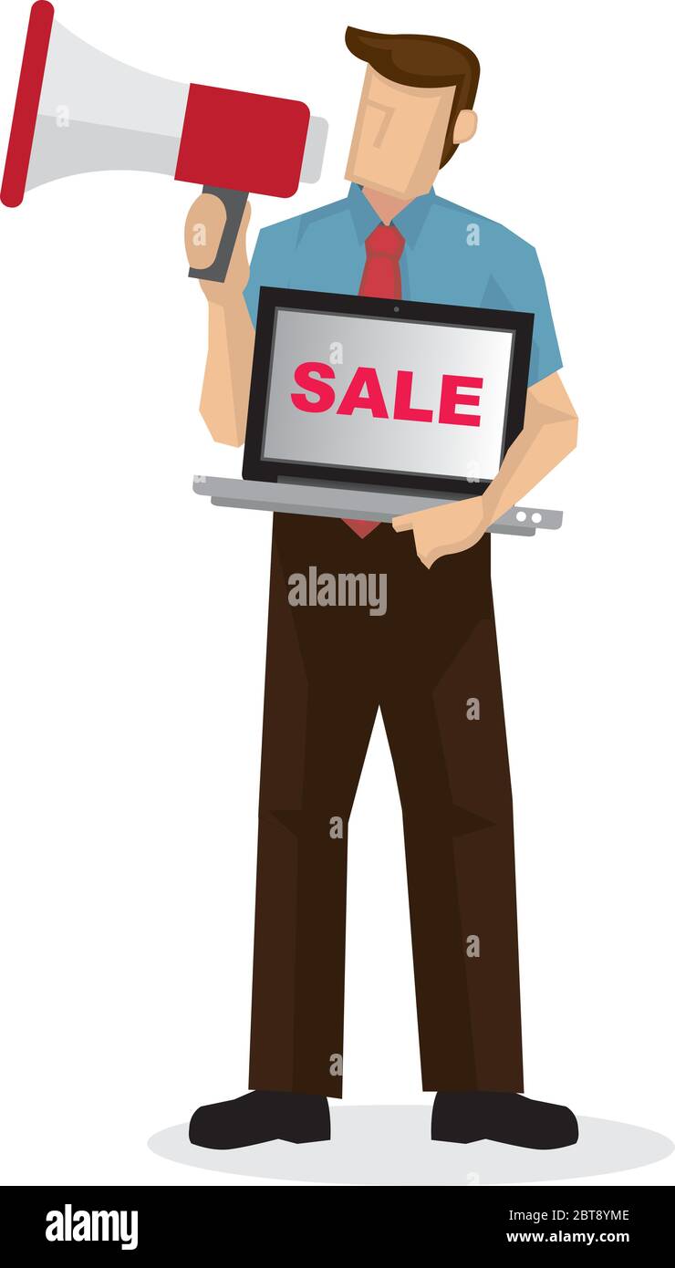 Sale Businessman with a loudspeaker selling his computer laptop ...