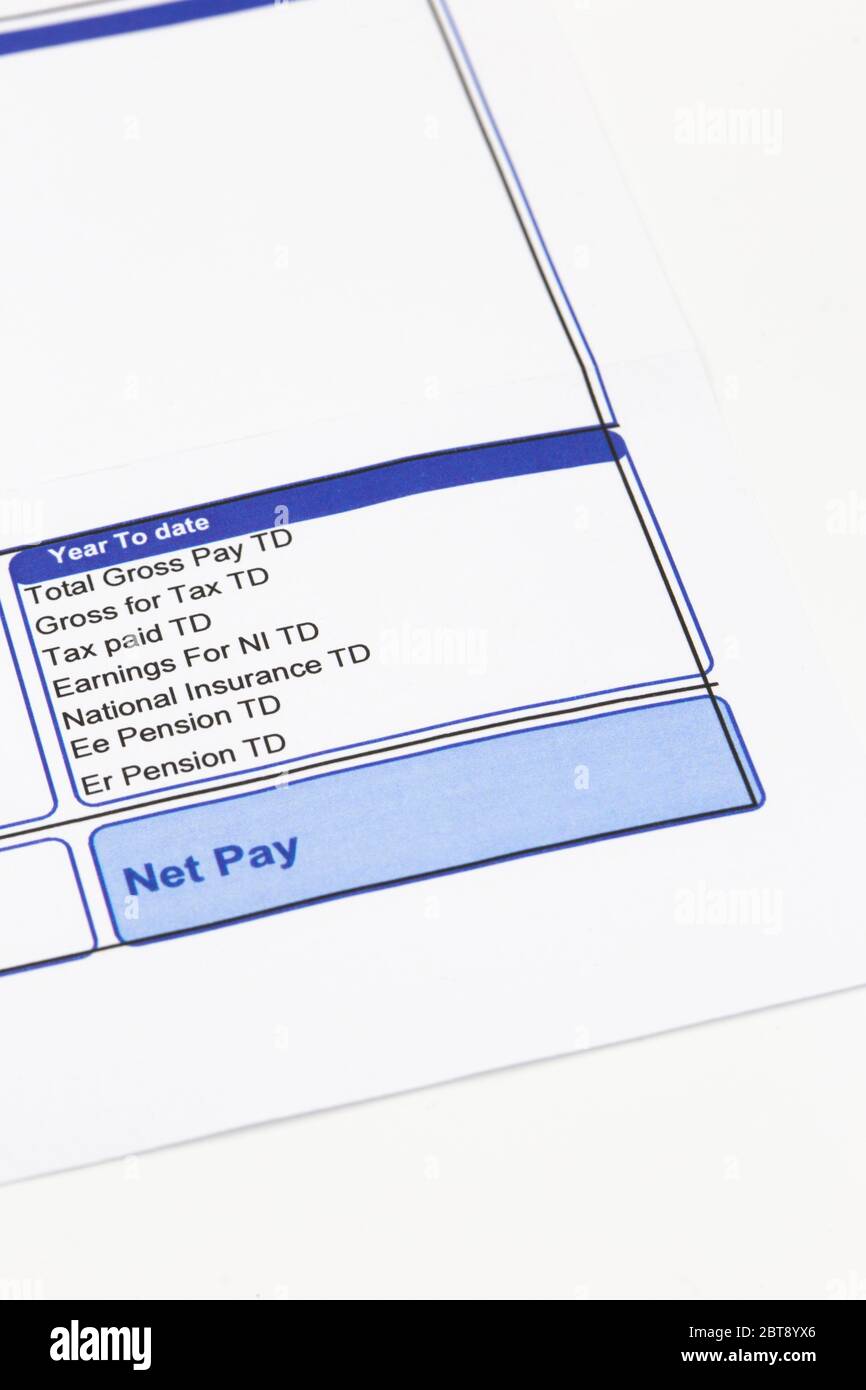Wage pay slip showing pension, national insurance and tax earnings ...