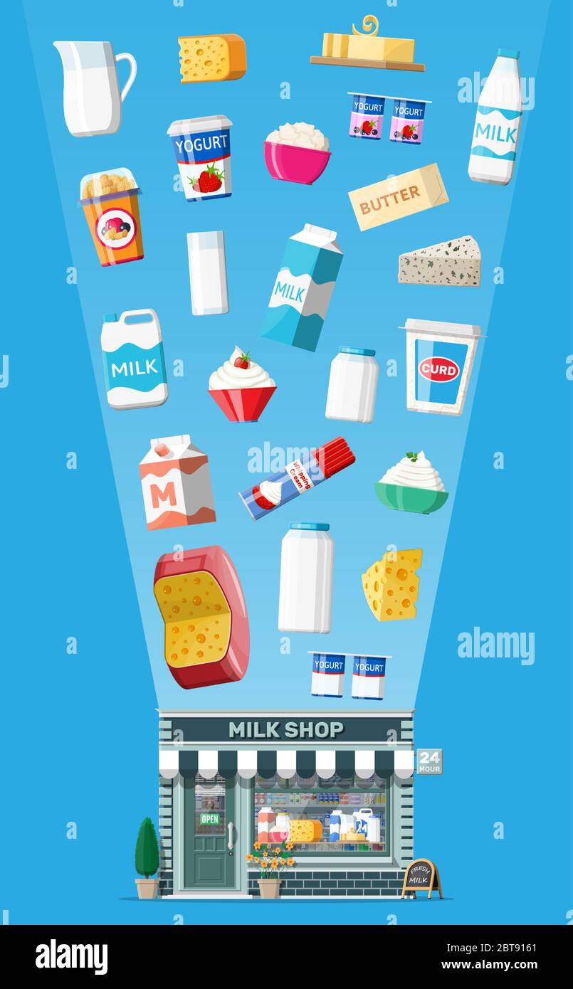 Dairy store or milk shop with signboard, awning. Store facade with ...