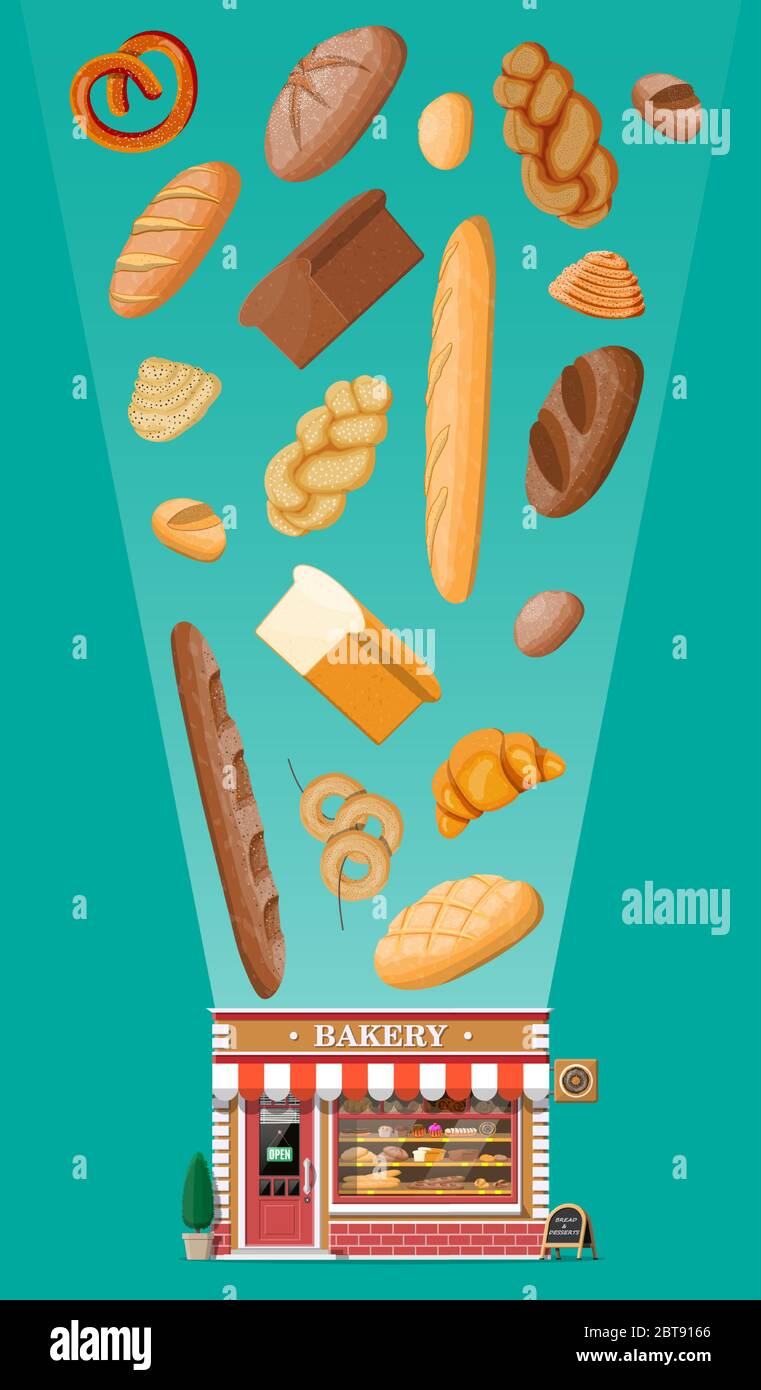 Bakery shop building facade with signboard. Baking store, cafe, bread ...