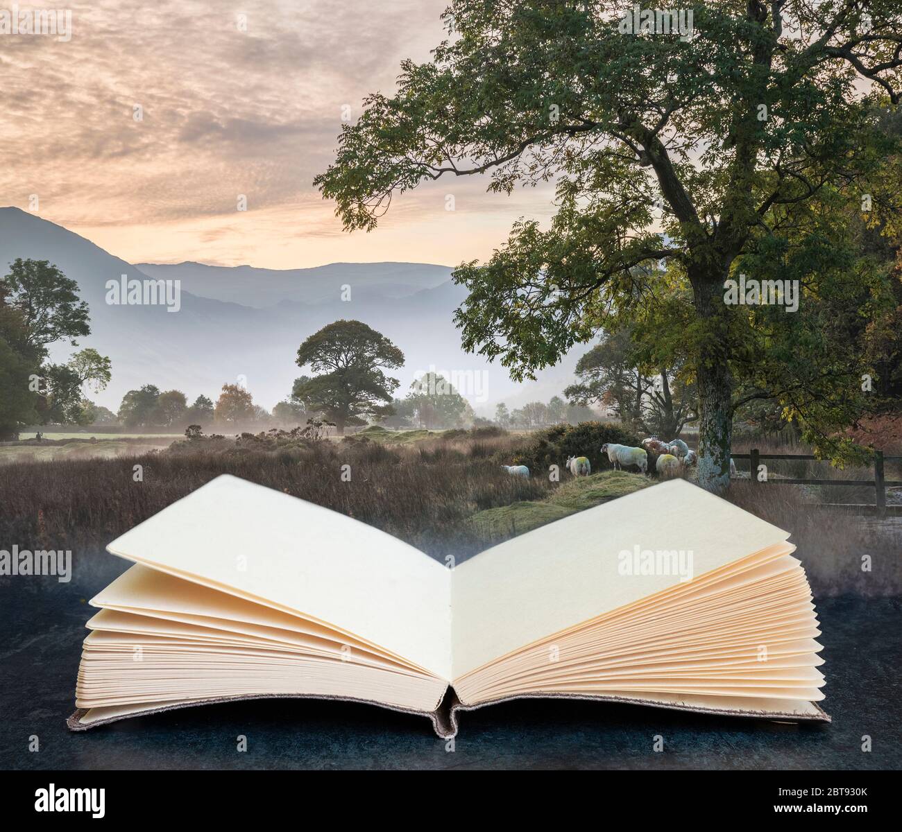 Digital composite concept image of open book wth beautiful foggy misty ...