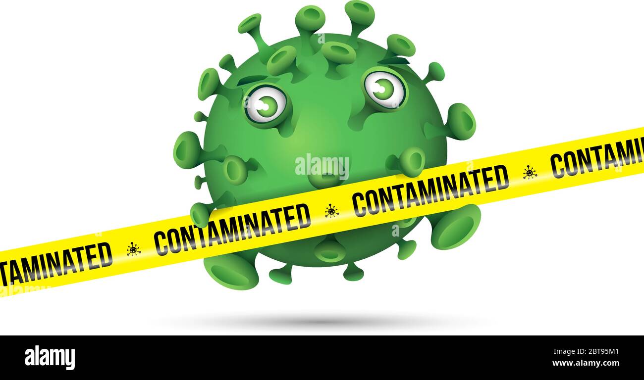 A green cute cartoon style virus behind a yellow security tape with the ...