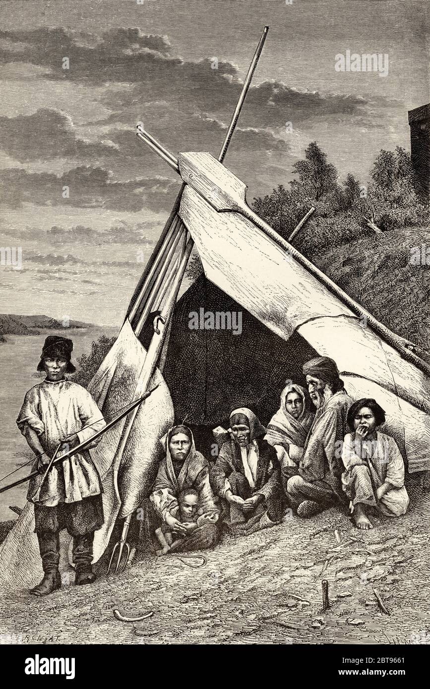 Ostiak native people encampment, Yenisei river. Arctic Ocean, Russia ...