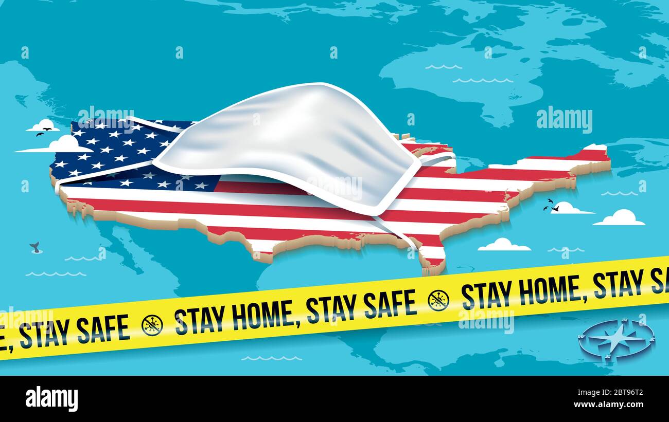 Map Of The United States Of America With USA Flag, Face Mask and ...