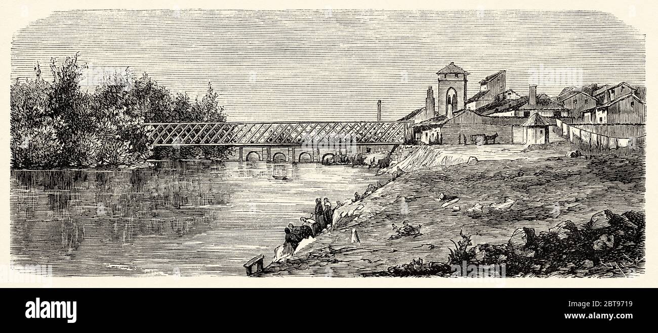 19th century wooden tubular bridge over the Carrión river, Palencia ...