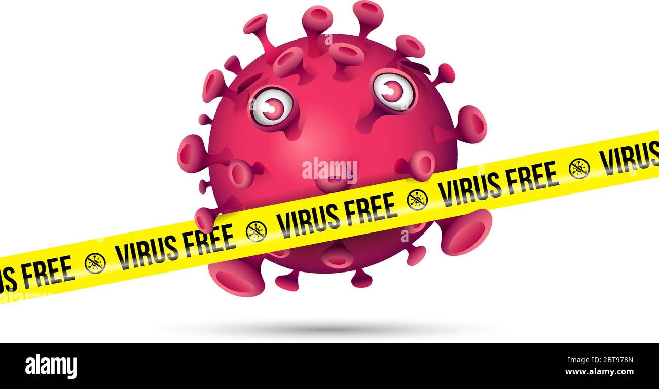 A red cute cartoon style virus behind a yellow security tape with the ...