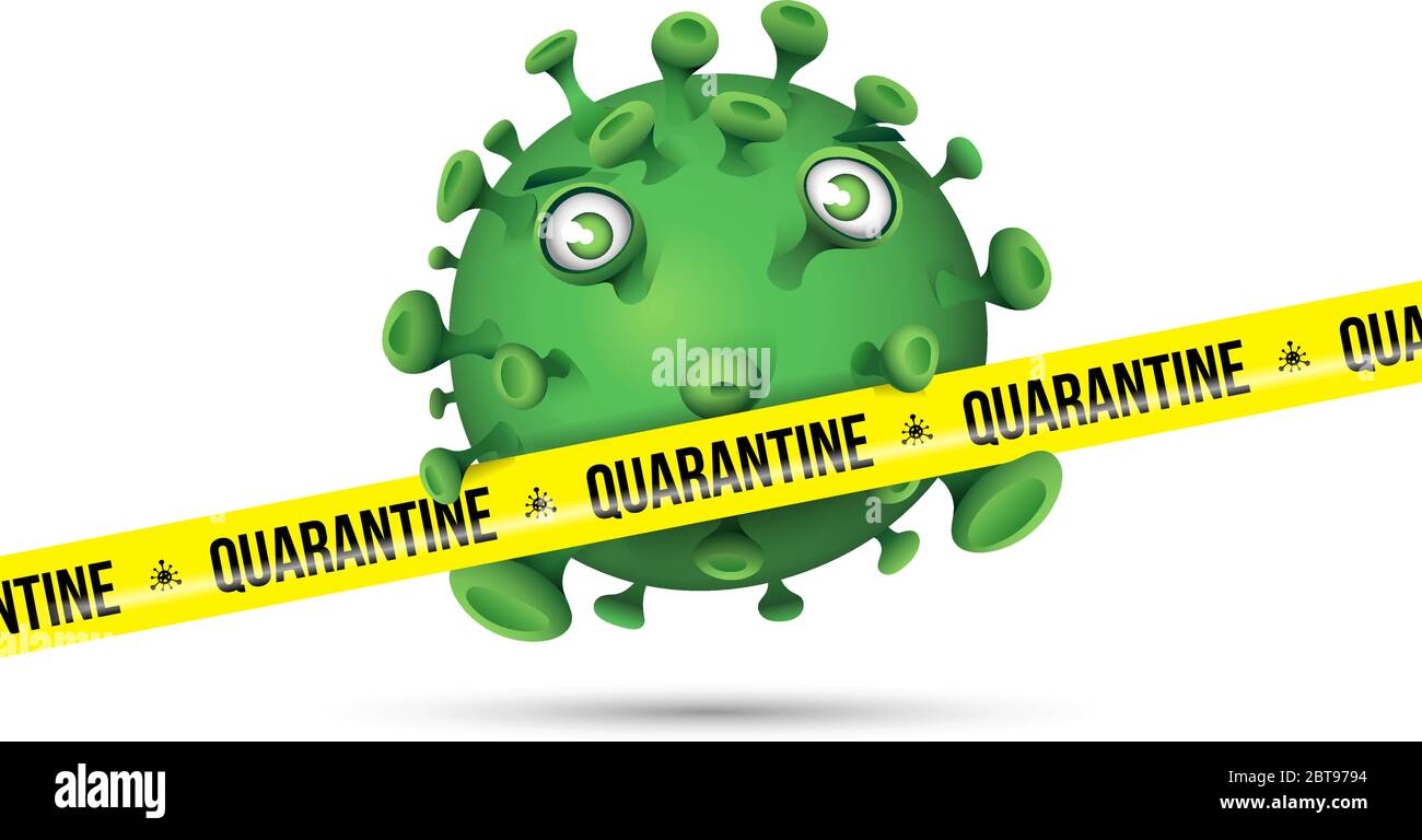 A green cute cartoon style virus behind a yellow security tape with the ...