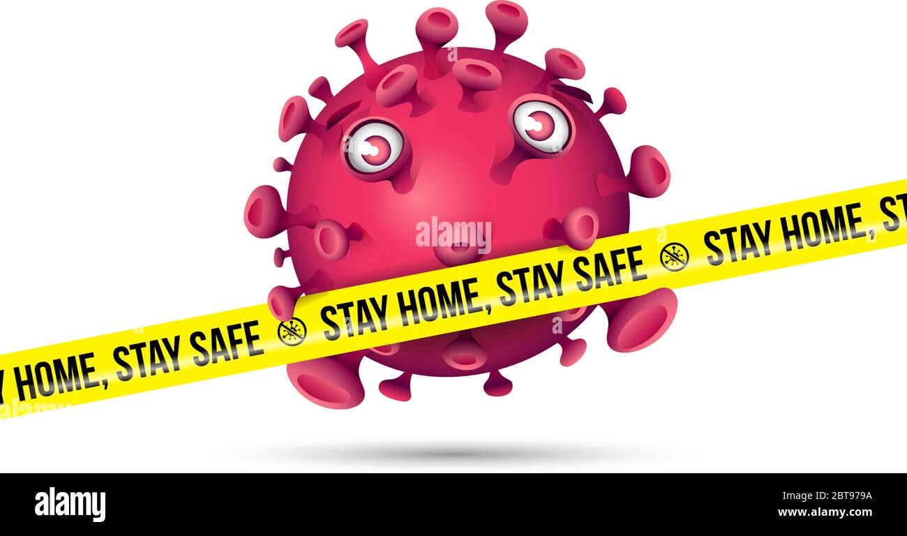 A red cute cartoon style virus behind a yellow security tape with the ...