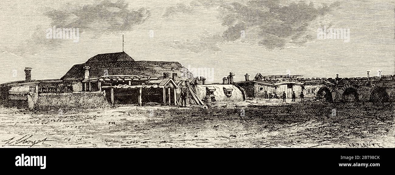 Fort of Taku on the Pei-ho river, China. Old 19th century engraved ...