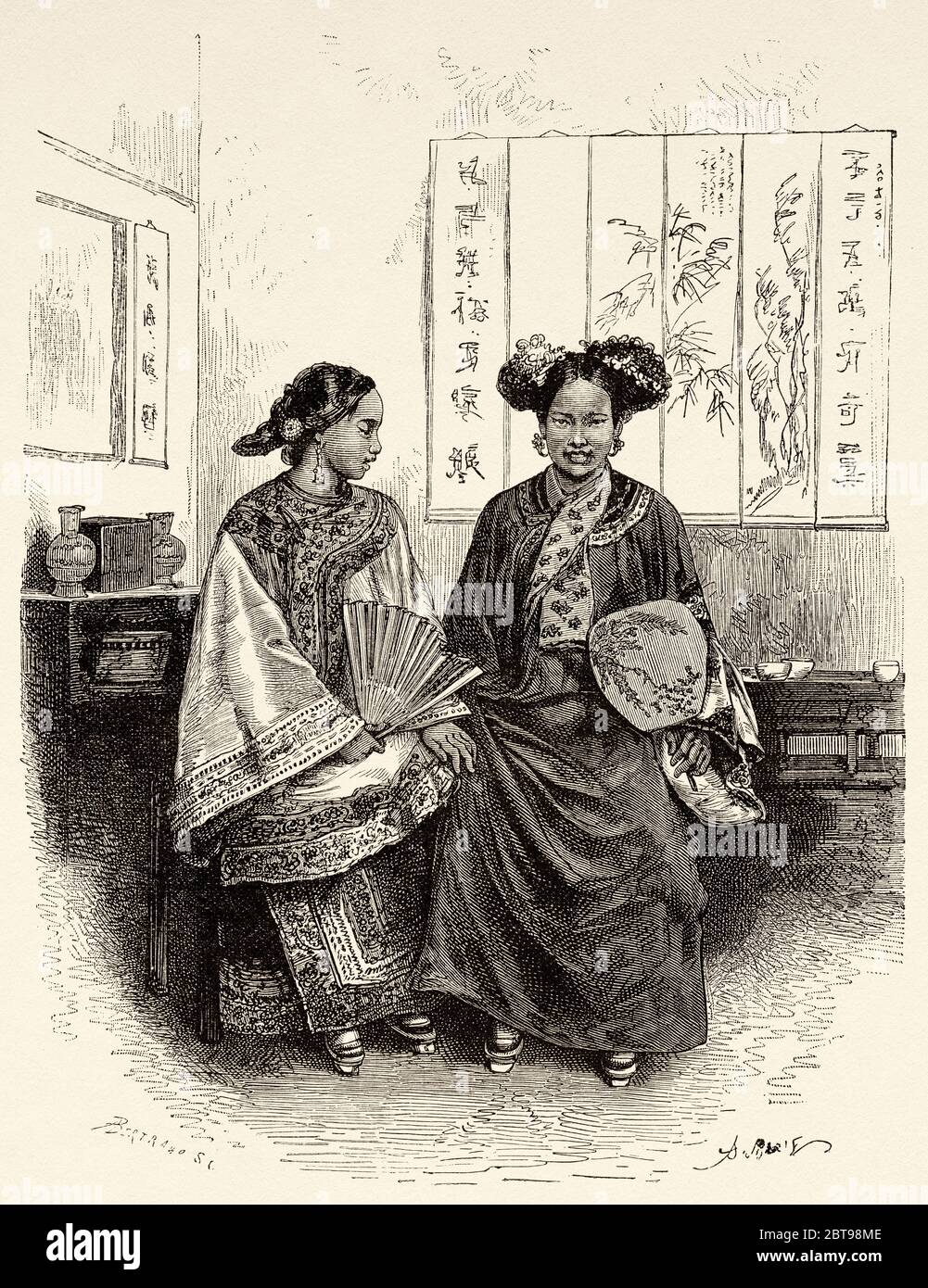Chinese lady and Tartar lady, China. Old 19th century engraved ...