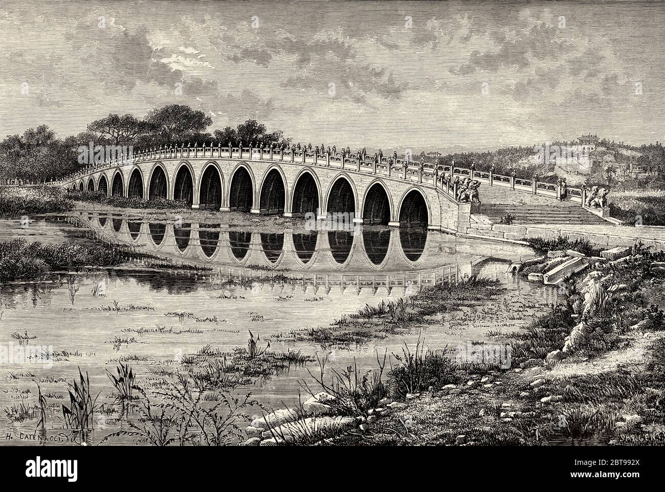 Seventeen-arched marble bridge which leads to the island in Lake Uan ...