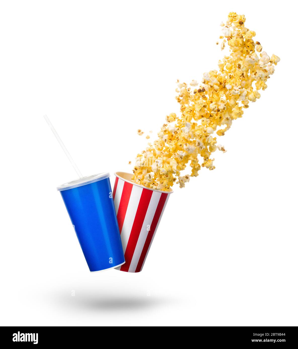 Paper striped bucket with popcorn and cup of soft drink isolated on ...