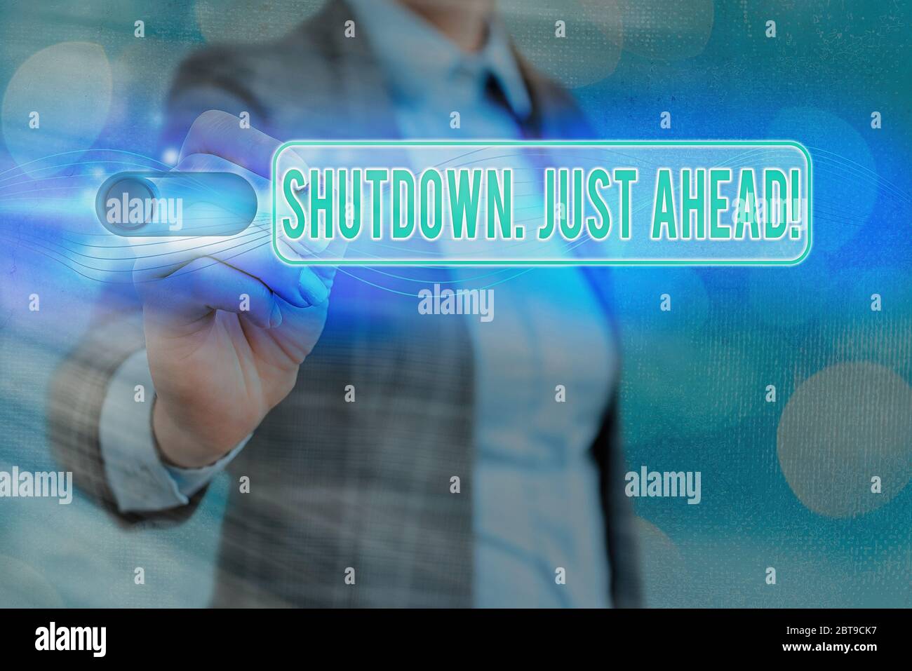 Writing note showing Shutdown Just Ahead. Business concept for closing ...