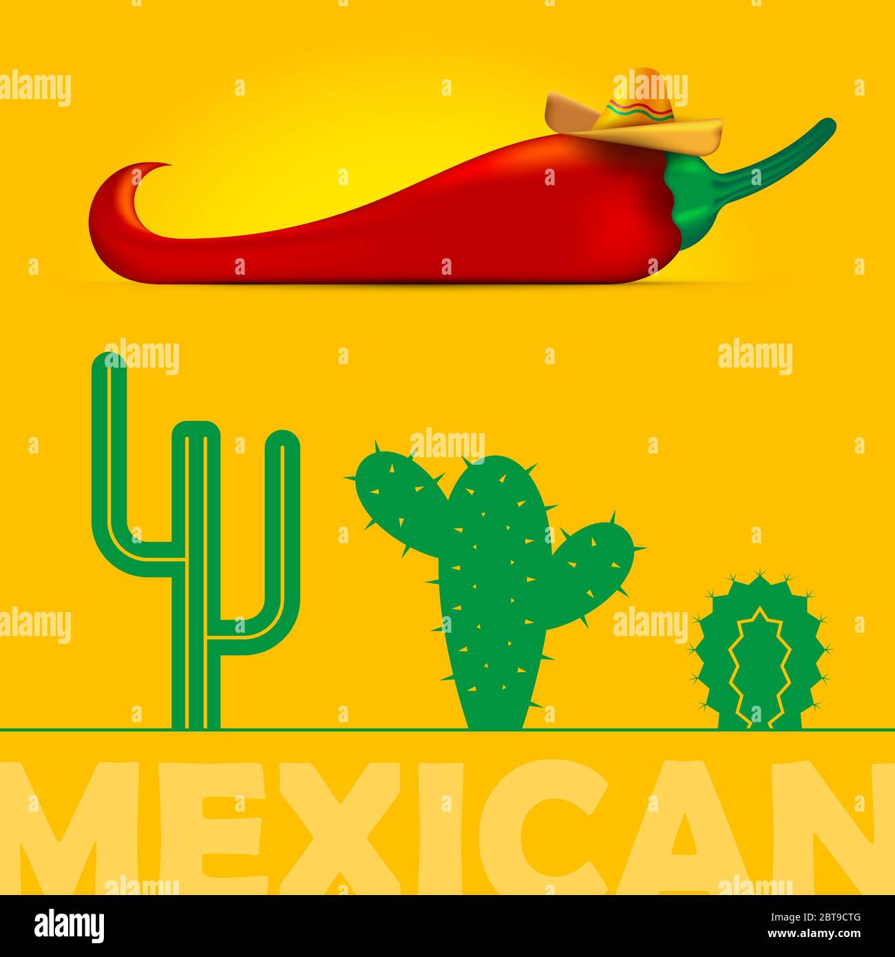 Red pepper, sombrero and cacti. Symbols of Mexico, set. Yellow mexican ...