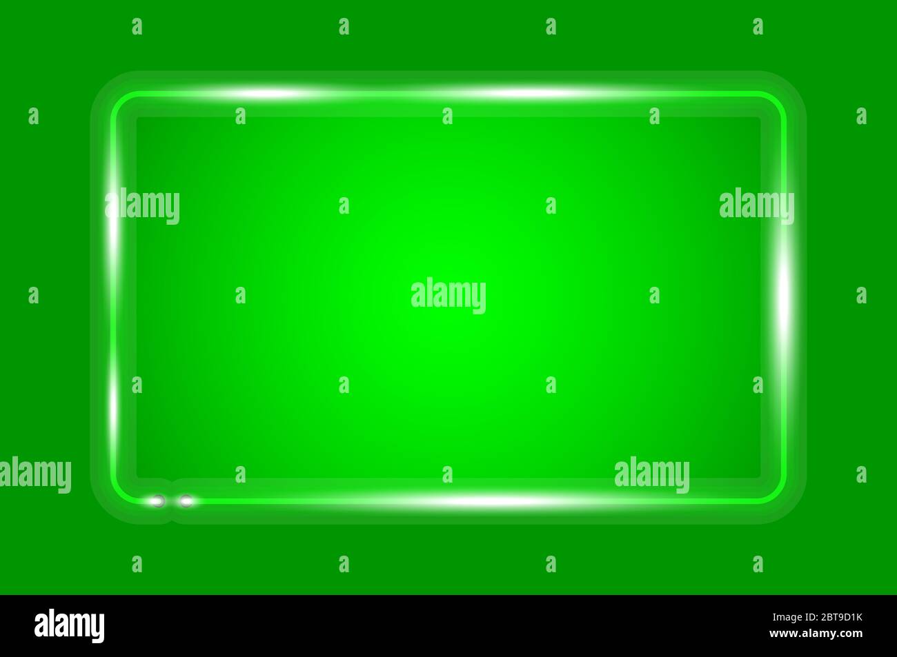 Glowing rounded rectangular neon frame, green background. Realistic ...