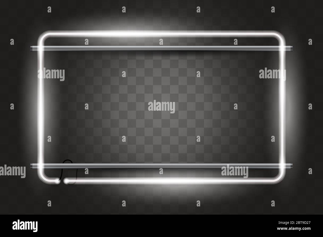 Glowing rounded rectangular neon frame, black background. Realistic ...