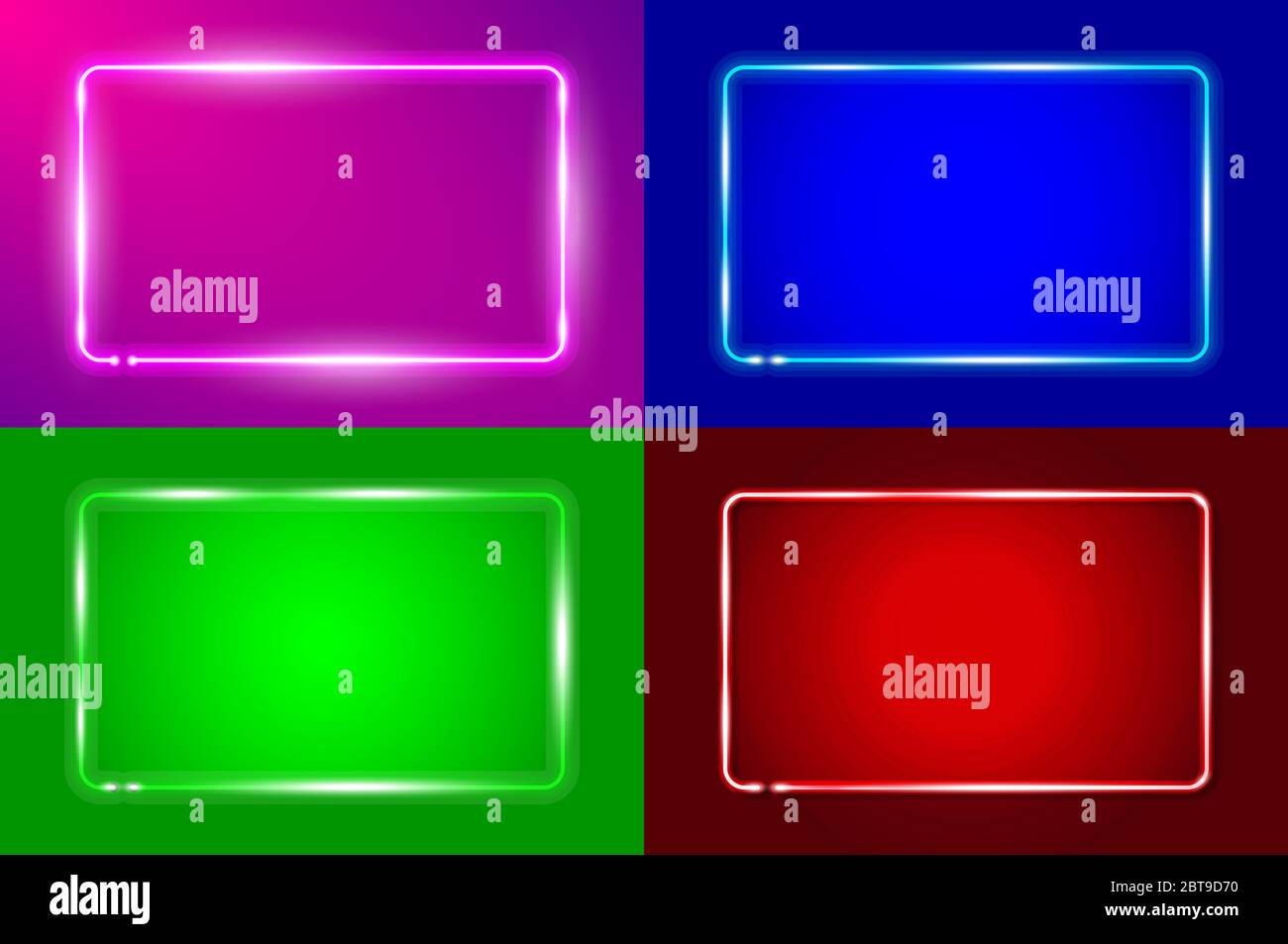 Four glowing rounded rectangular neon frames, pink, blue, green and red ...