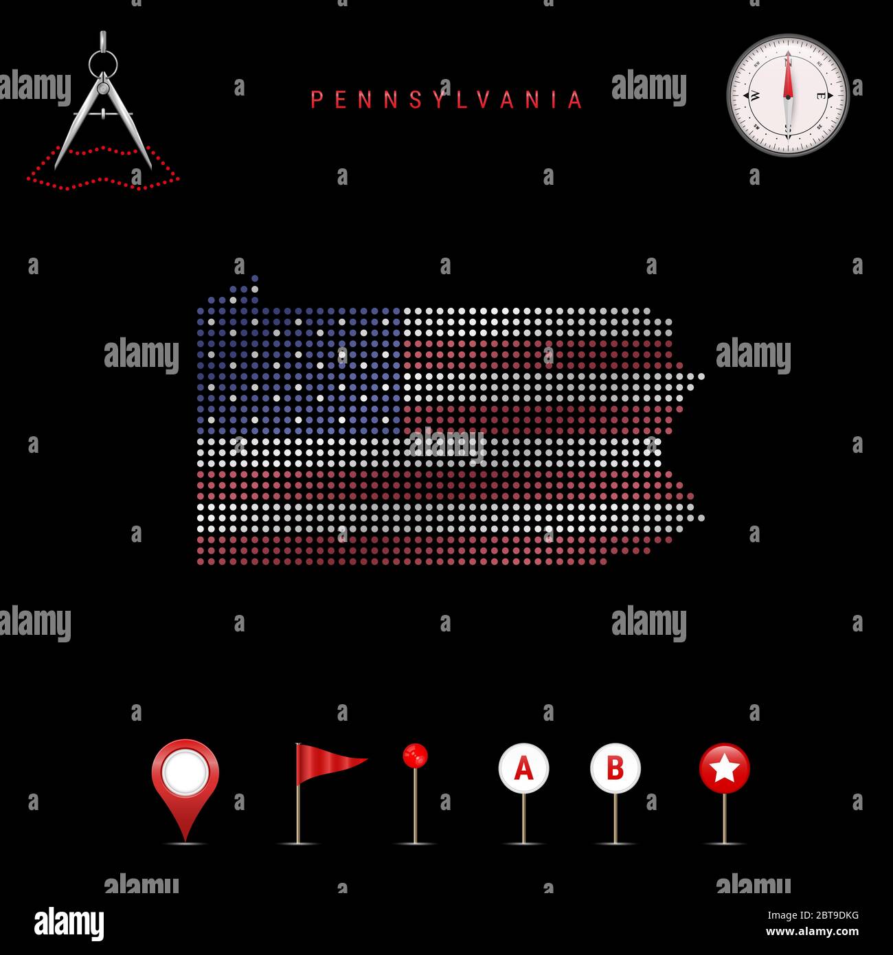 Dotted map of Pennsylvania painted in the colors of the national flag ...