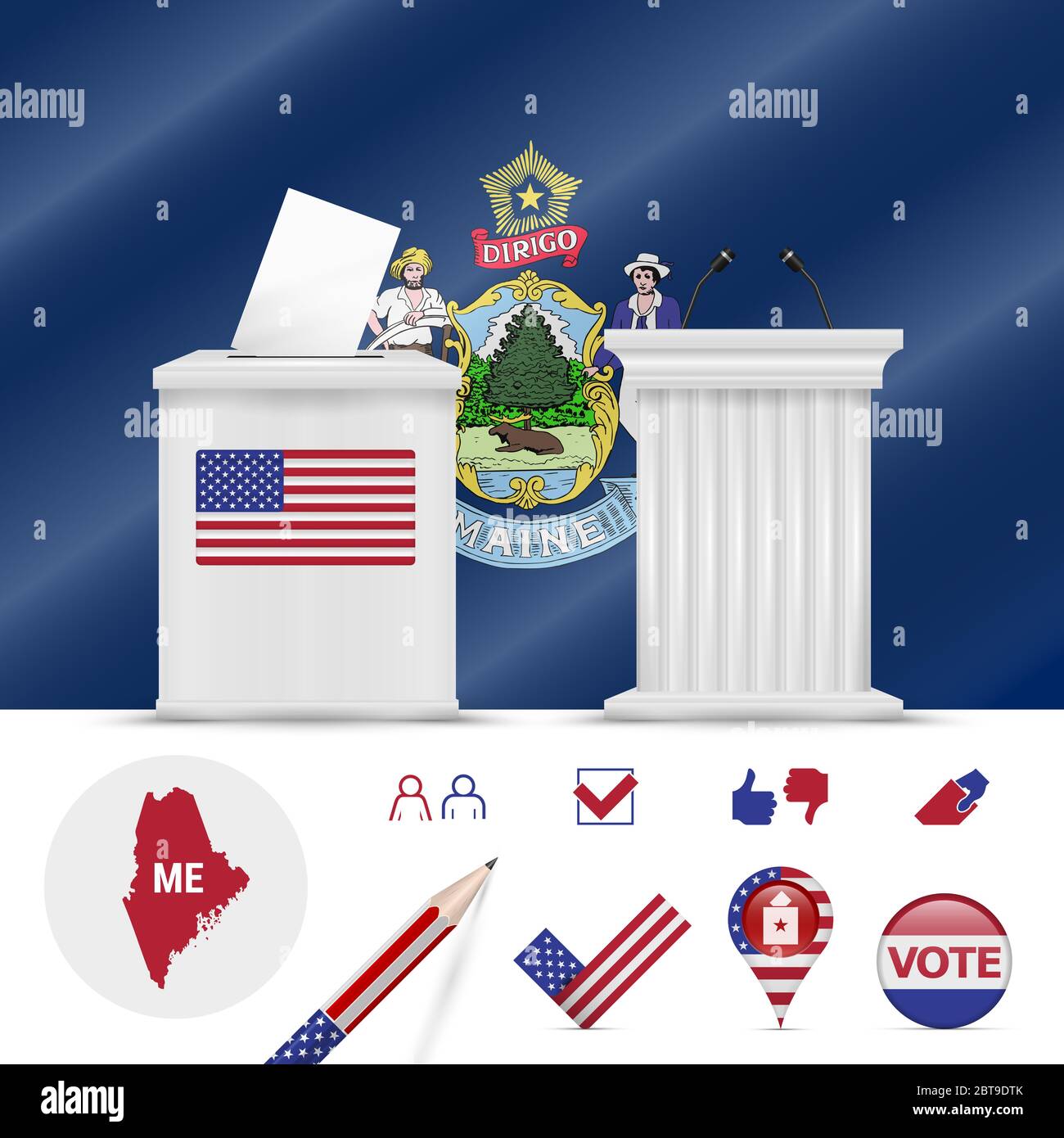 Presidential elections in Maine. waving flag, realistic ballot box ...