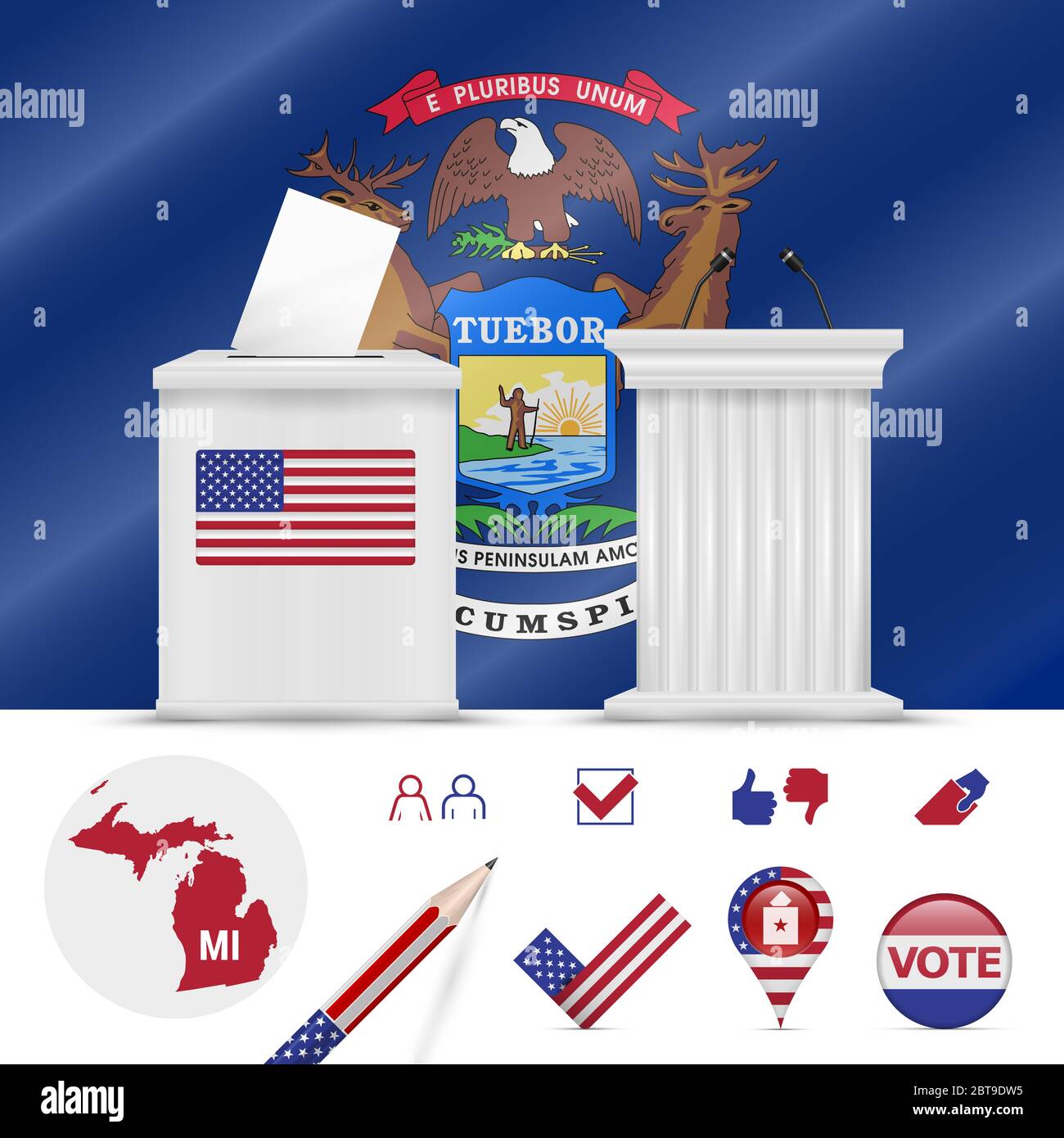 Presidential elections in Michigan. waving flag, realistic ballot box ...