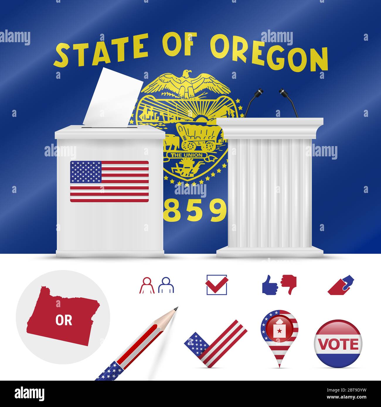 Presidential elections in Oregon. waving flag, realistic ballot box ...