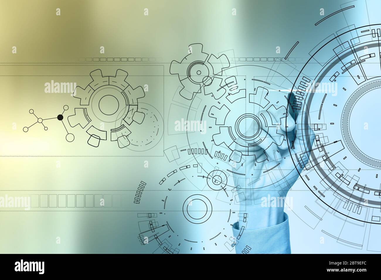 Technology interface background with gears draft. Engineering, Business ...