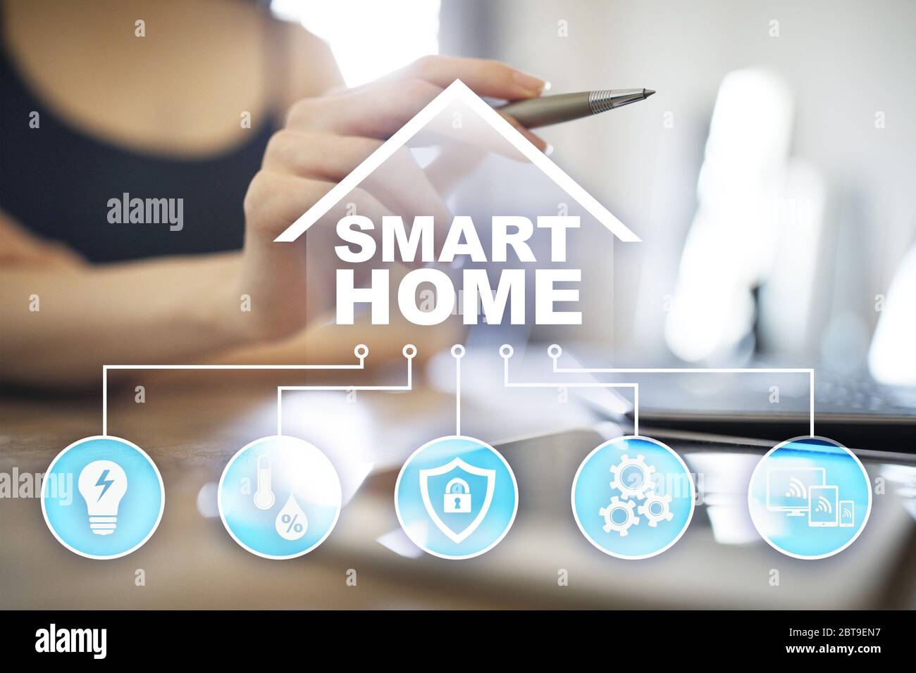 Smart home digital interface on virtual screen. Internet and automation ...