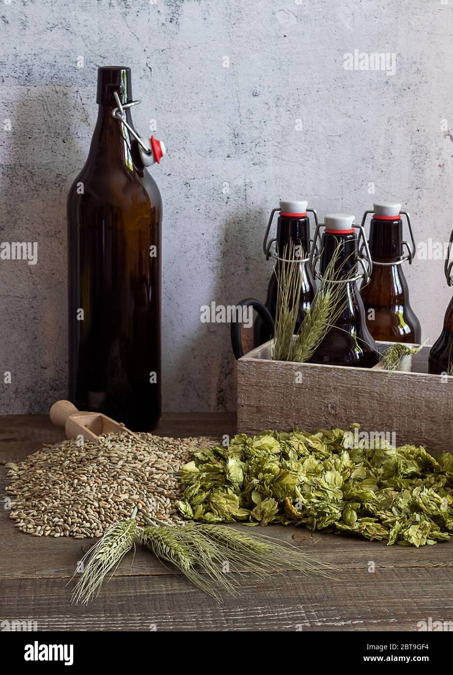 Beer growlers and ingredients. Home brewing Stock Photo - Alamy