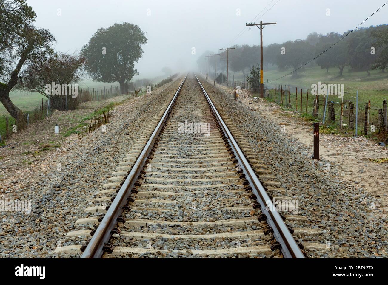 Lonely railroad track in a foggy day Stock Photo - Alamy