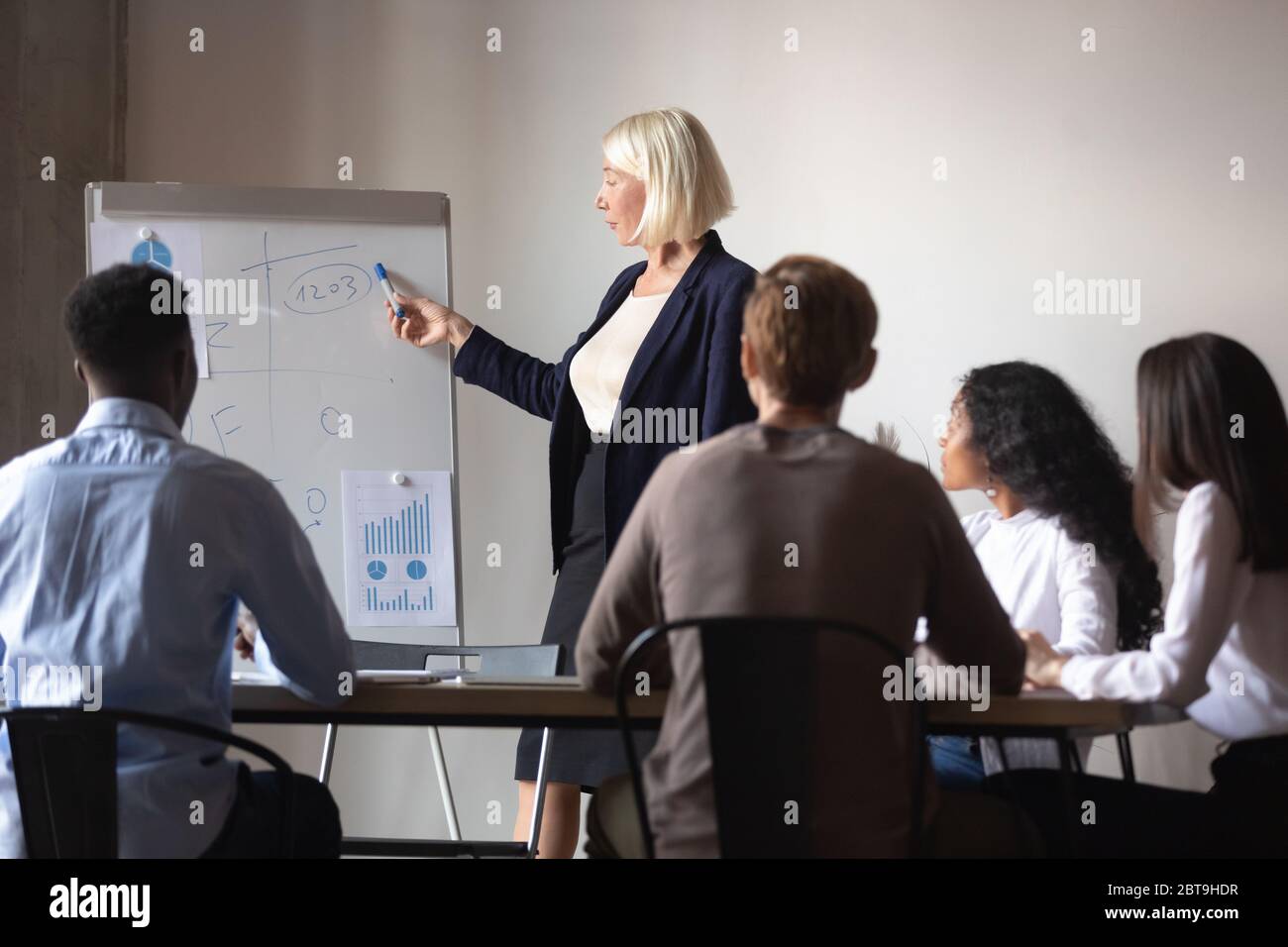 Middle aged businesswoman pointing at diagram, giving flip chart ... Middle aged businesswoman pointing at diagram, giving flip chart ...
