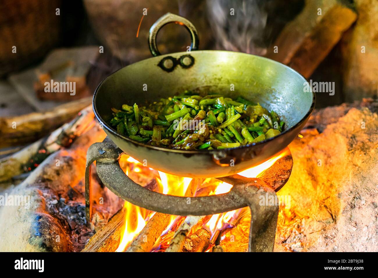 Cooking Vegetable curry in Outdoor Kitchen on Fire Wood in Local ...