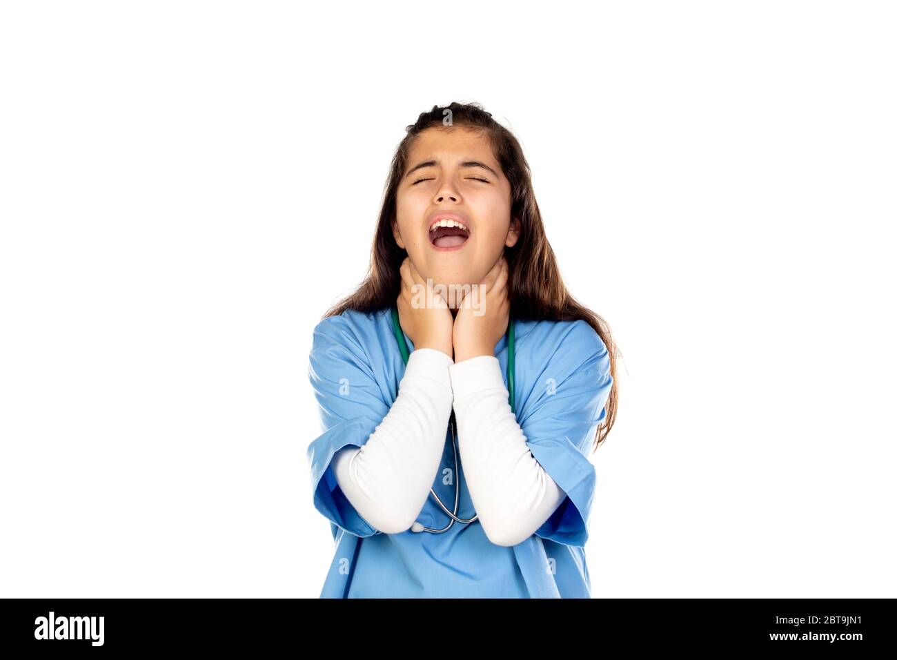 Sad girl with blue doctor uniform isolated on a white background Stock ...