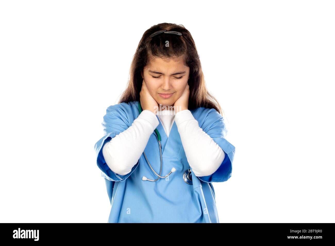 Sad girl with blue doctor uniform isolated on a white background Stock ...