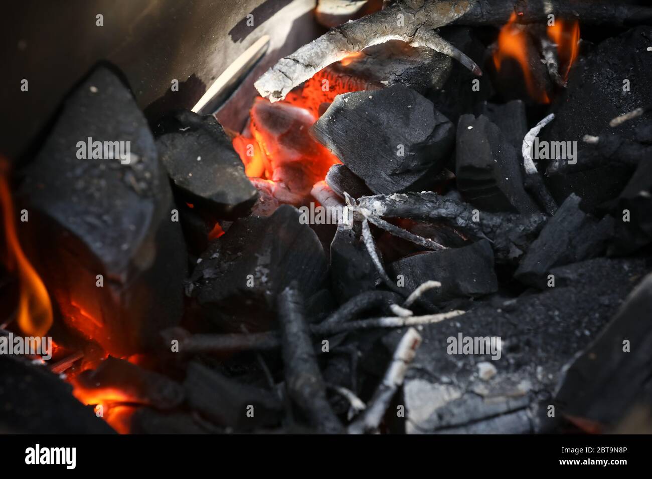 Fire with coals and fire on nature picnic background. Preparing coals ...