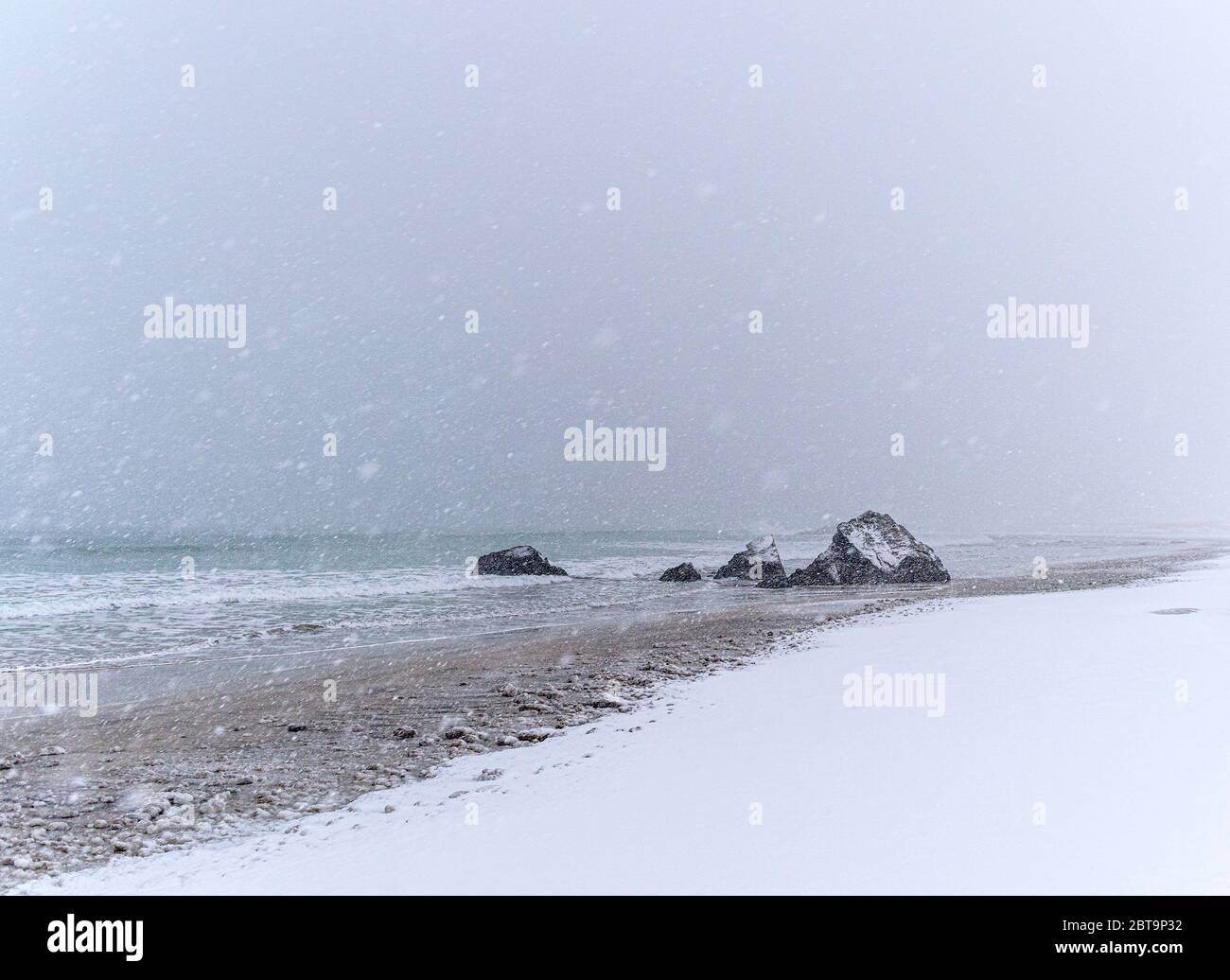 Beach along the Norwegian coast, covered with snow during a snowstorm ...