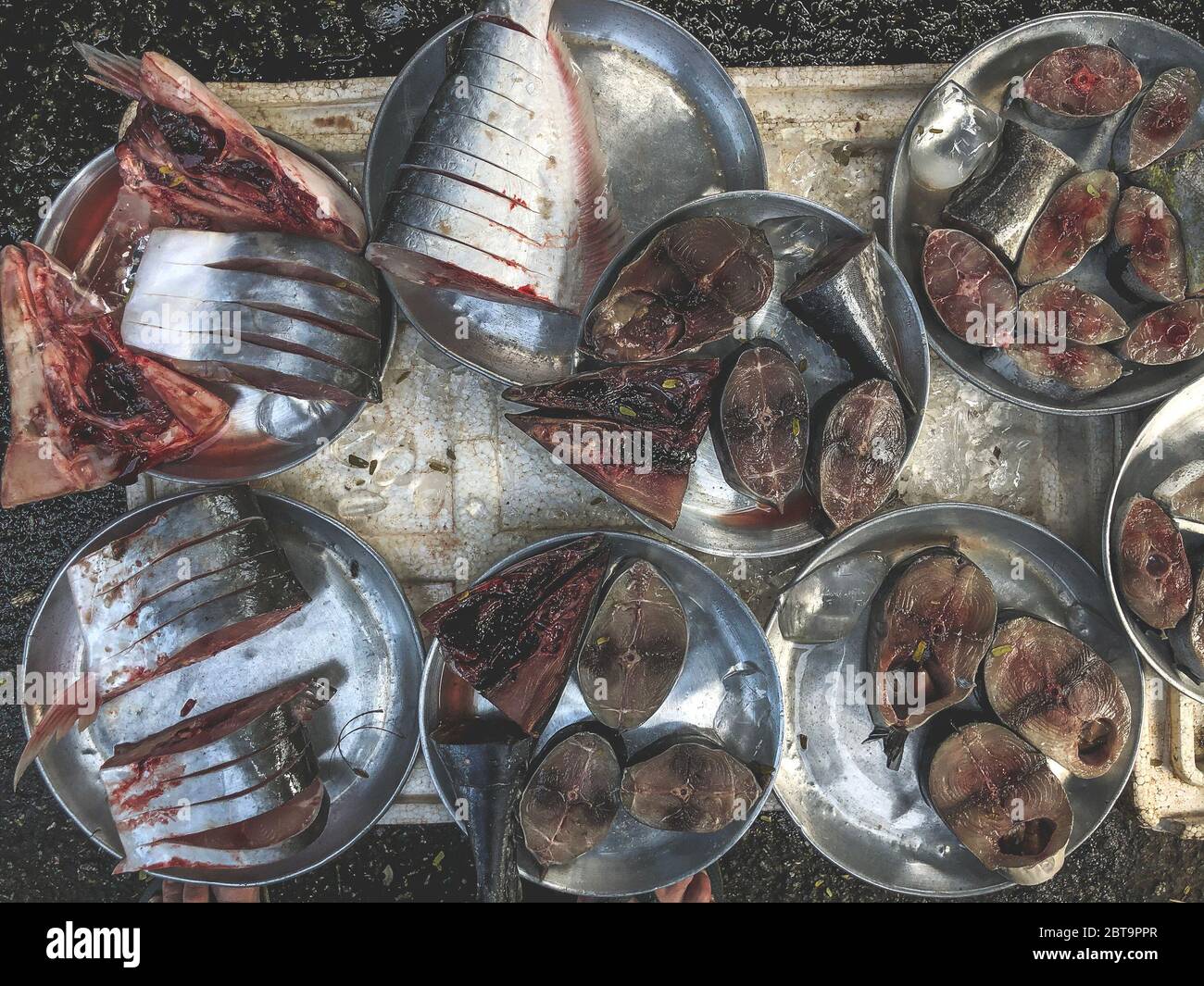 Top view on an assortment loose fish to sale at a fish market, Hue ...