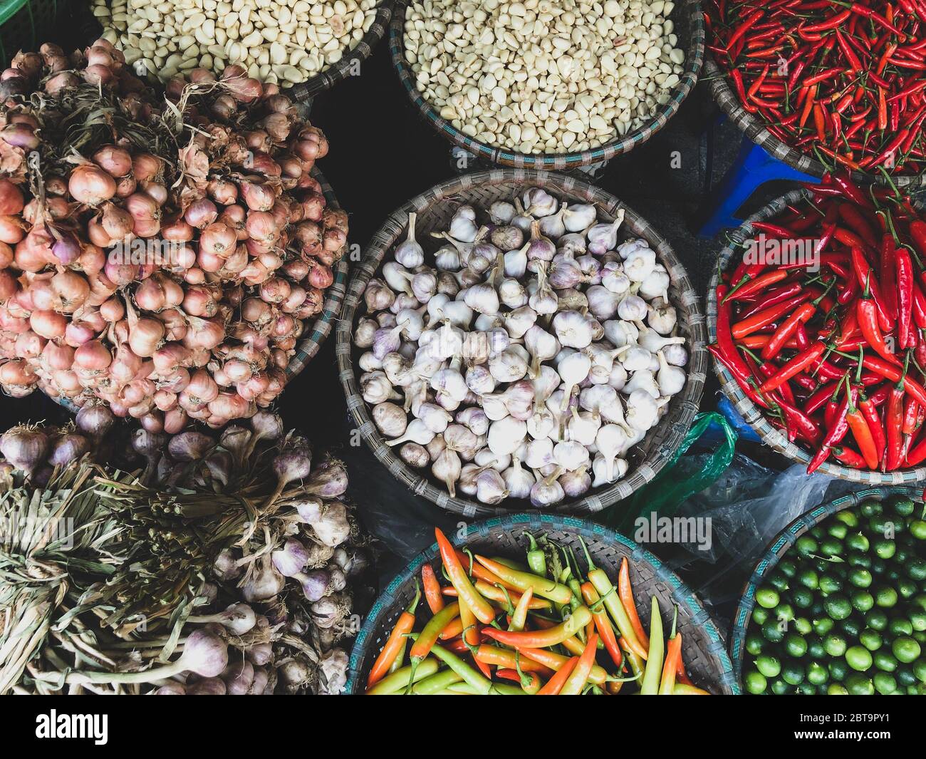 Top view on a large assortment of row loose vegetables and fruits for ...