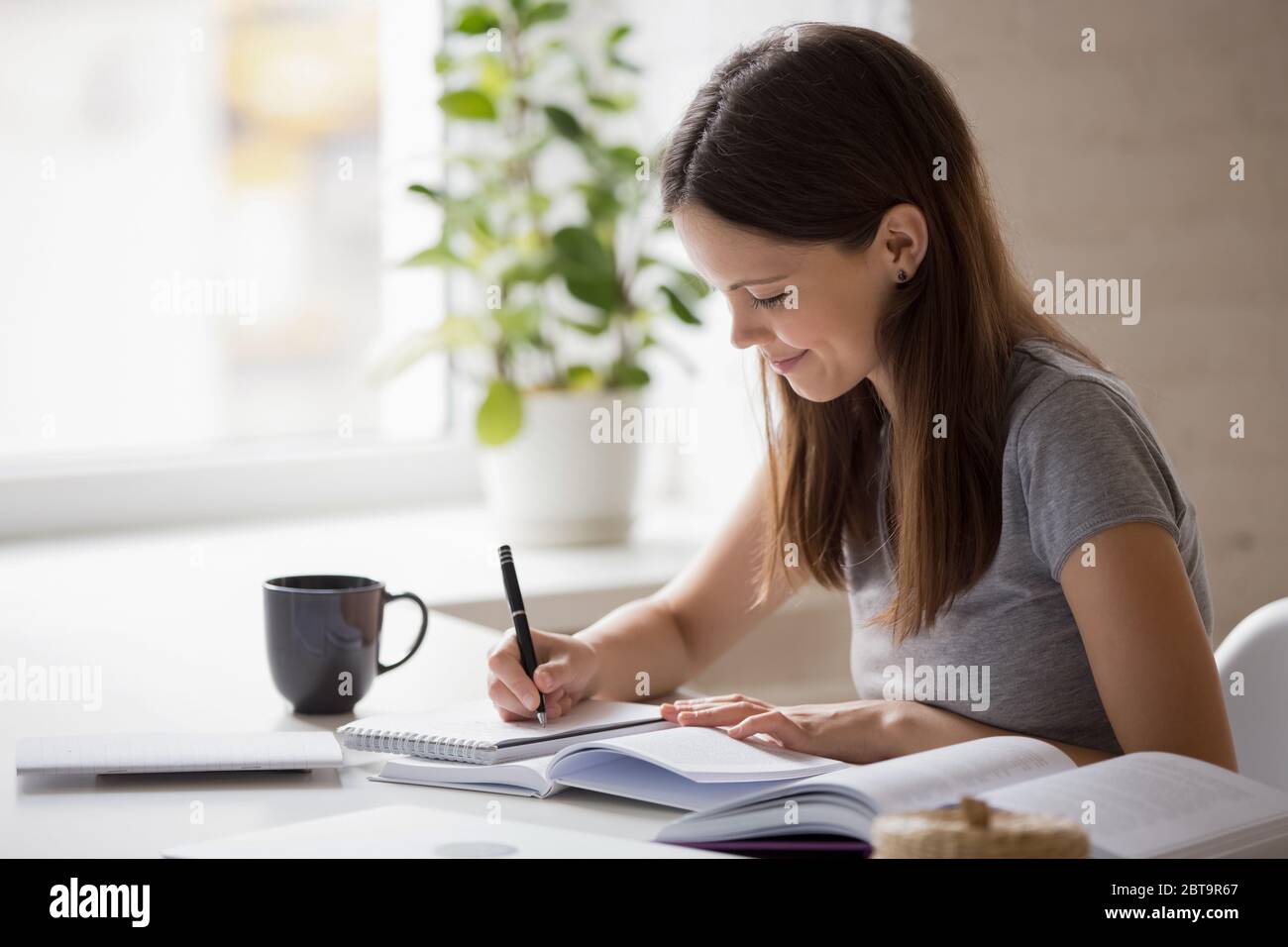 Smiling millennial girl studying at home making notes Stock Photo - Alamy