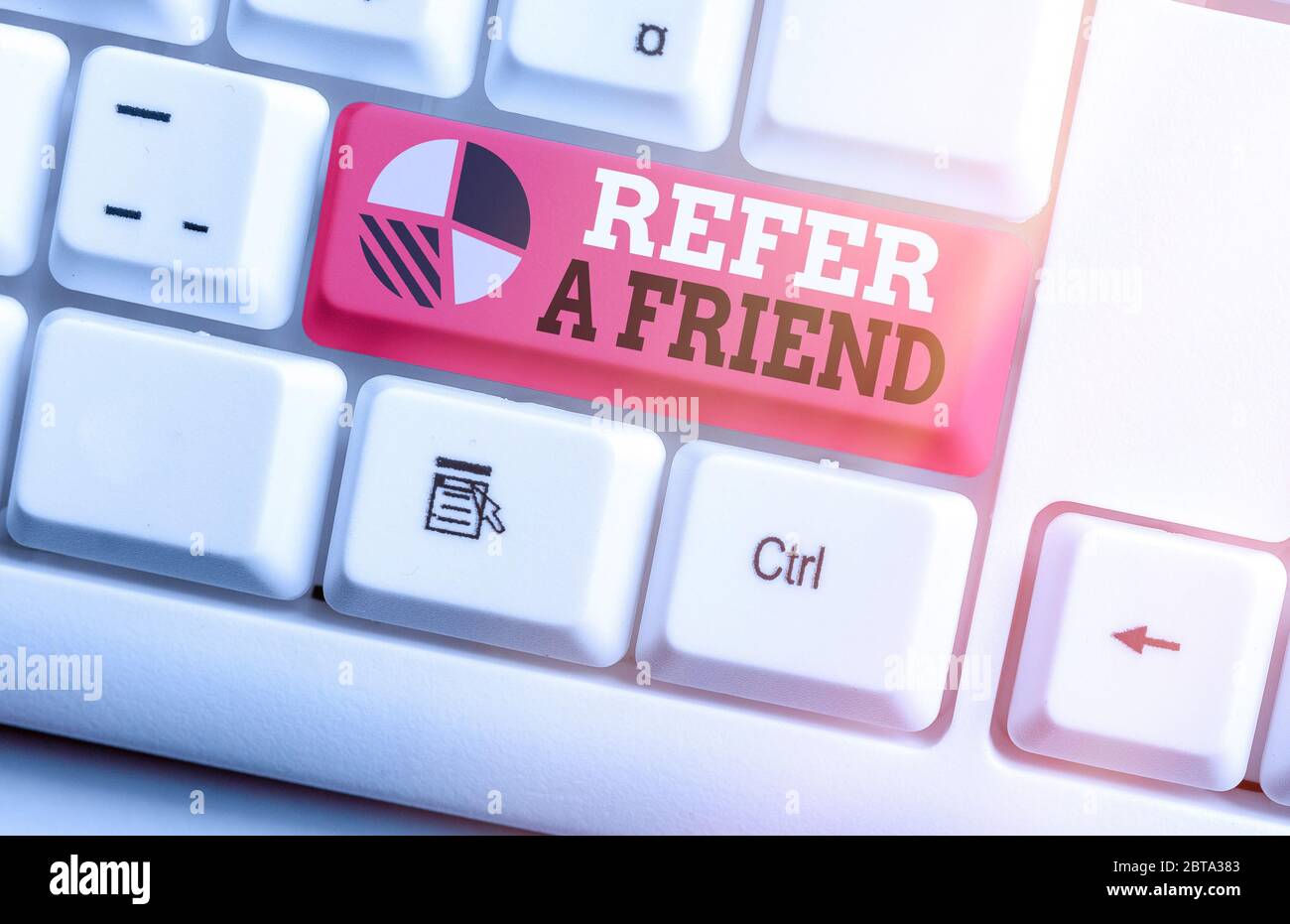 Writing note showing Refer A Friend. Business concept for direct ...