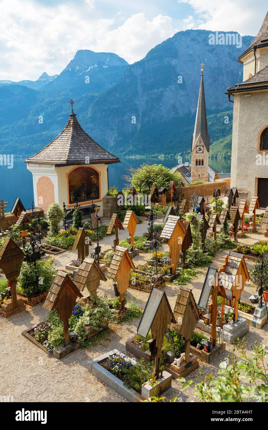 Graves overlooking Lake Hallstatt at the cemetery surrounding the Roman ...