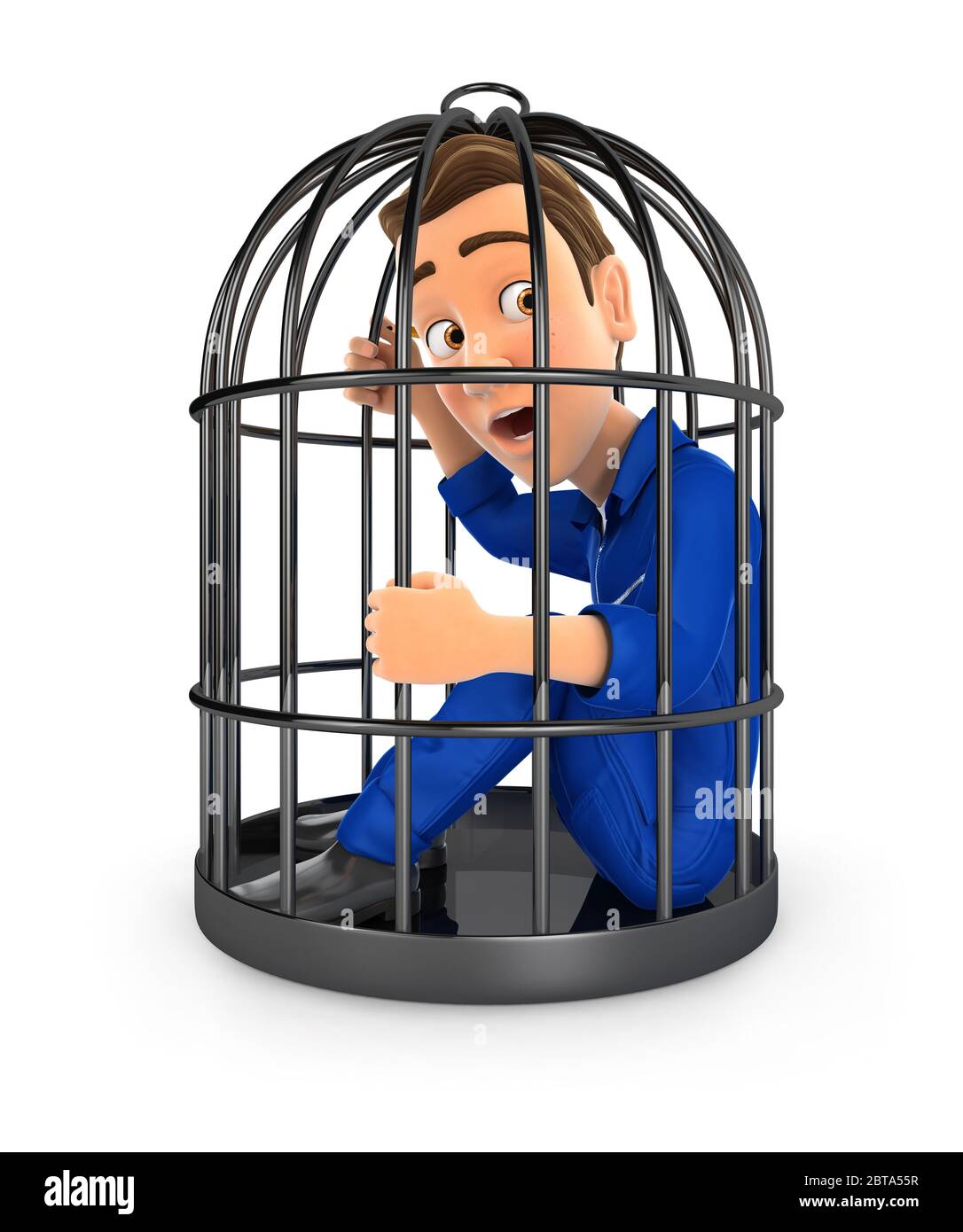 3d mechanic locked in a cage, illustration with isolated white ...