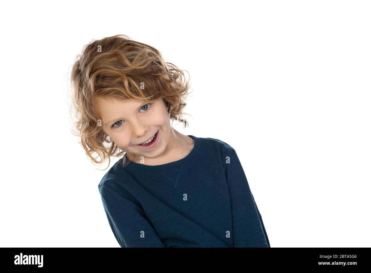 Funny little boy with long hair isolated on a white background Stock ...