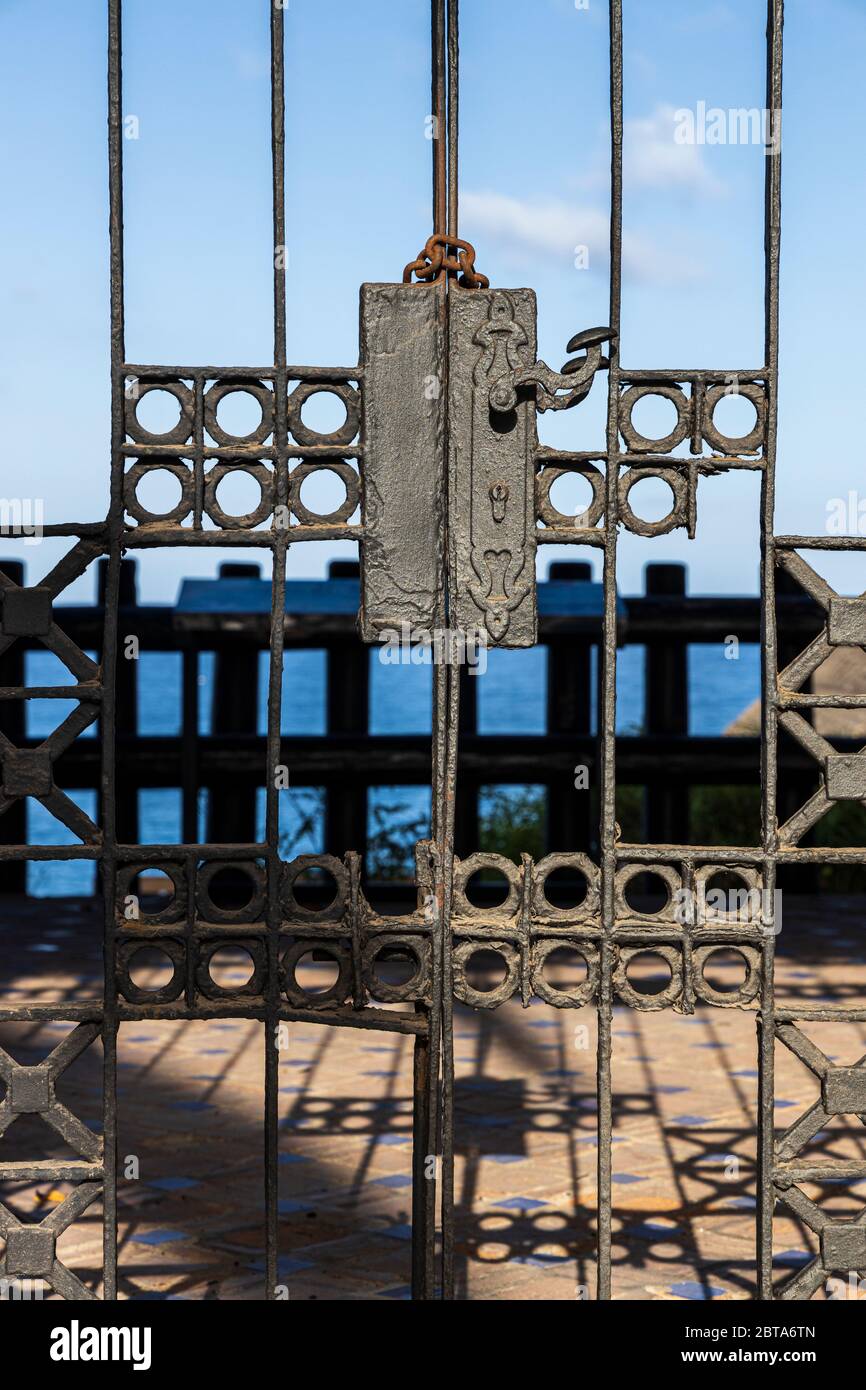 Large heavy wrought iron lock on gates at Las Rocas during phase one of ...