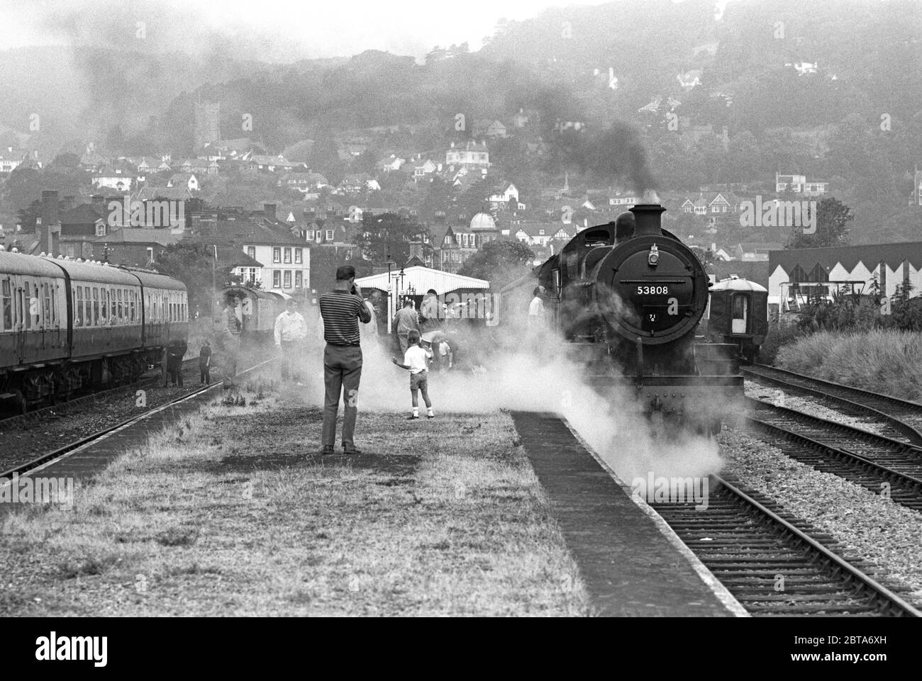 Steam train at Minehead station on the West Somerset Heritage Railway ...