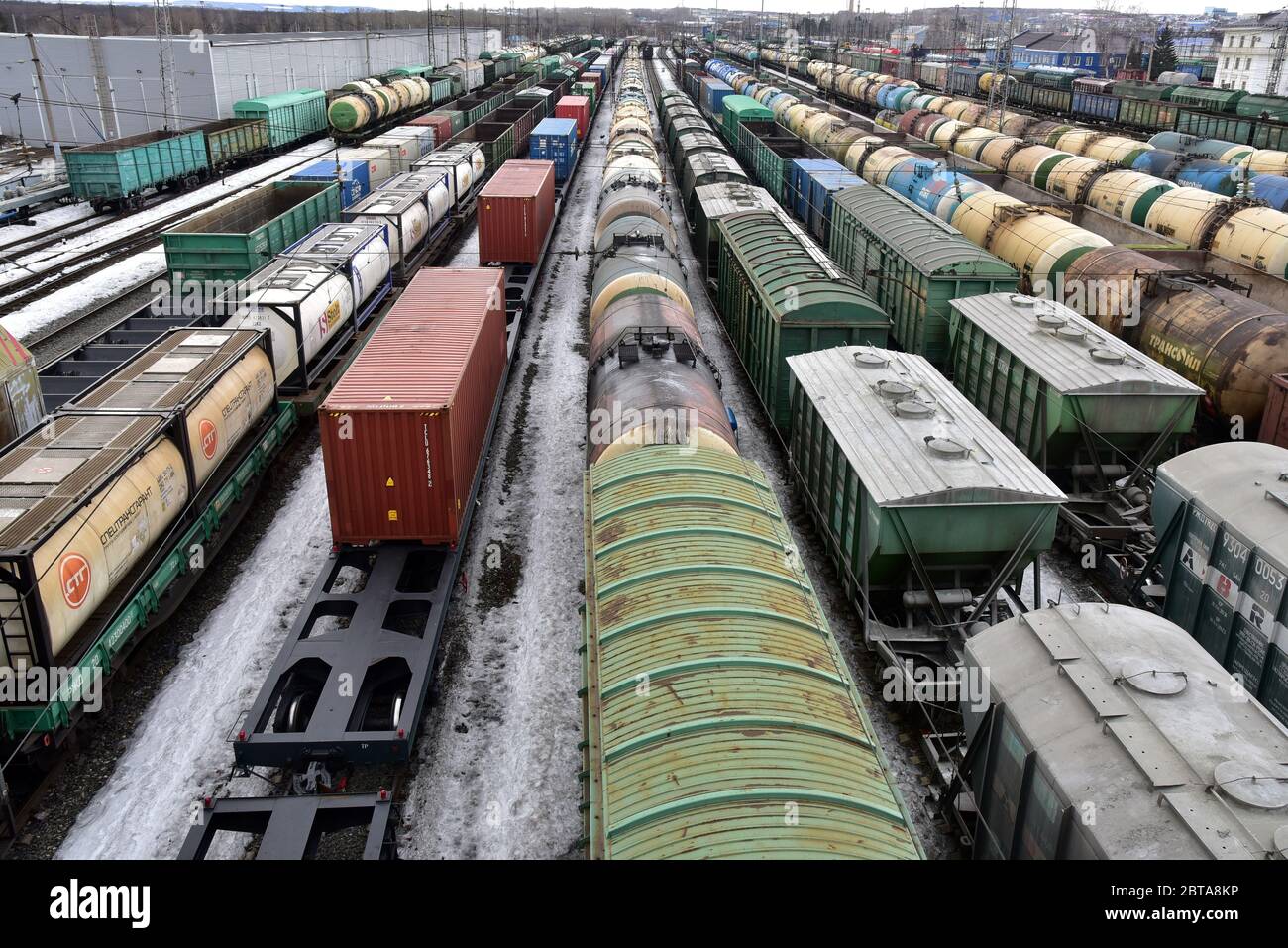 Freight trains from railway bridge at the Ufa railway station trains ...