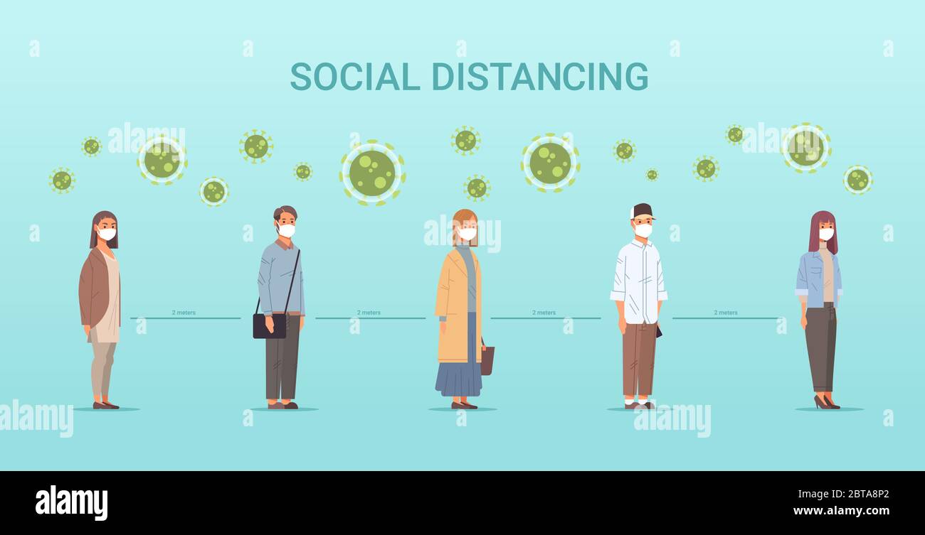 people in face masks men women standing line queue keeping distance to ...