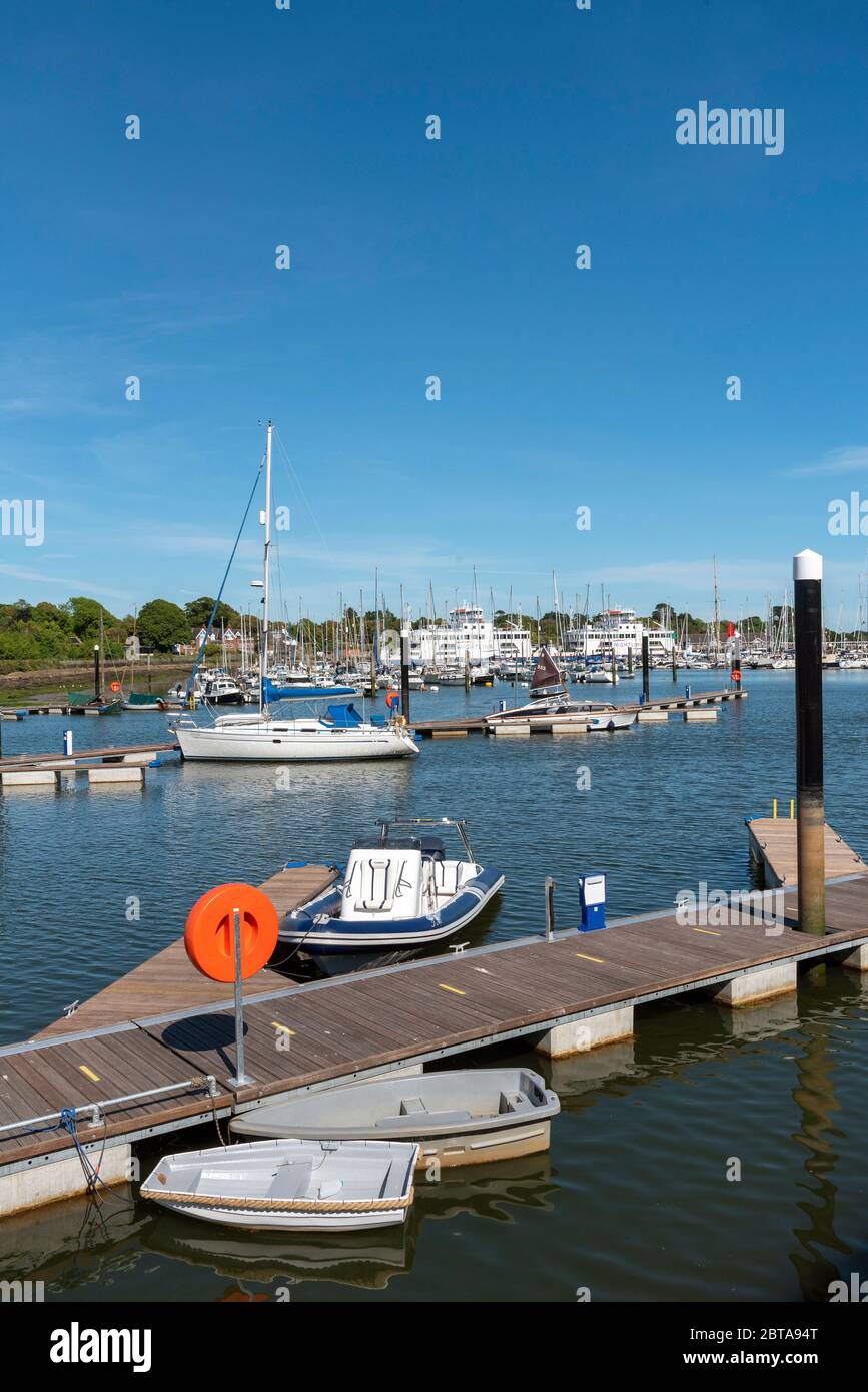 Lymington, England, UK. May 2020. Berthing pontoon and small boats at ...