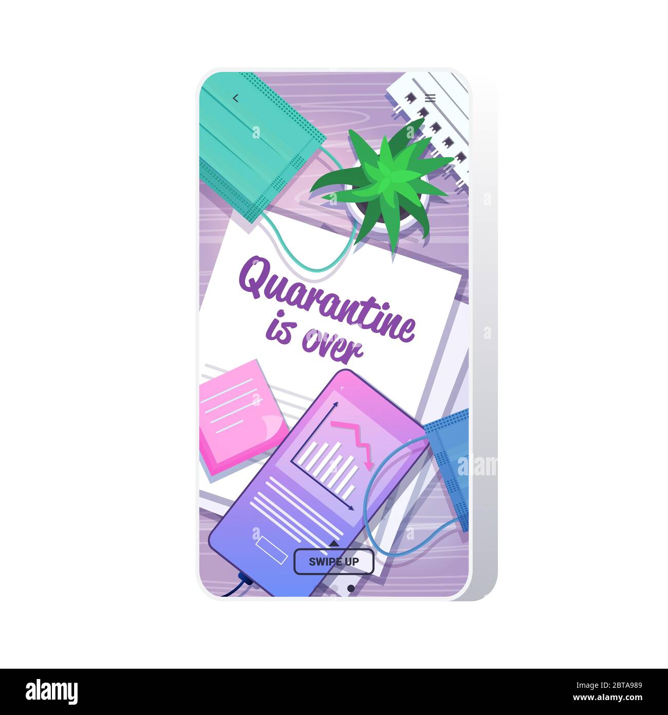 workplace desk top angle view paper documents quarantine is over ...